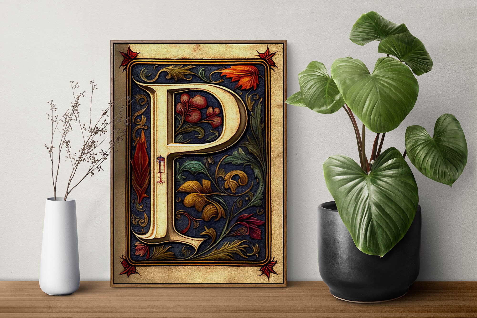 Illuminated Manuscript Letter P Initial With Classic Flourish Floral ...
