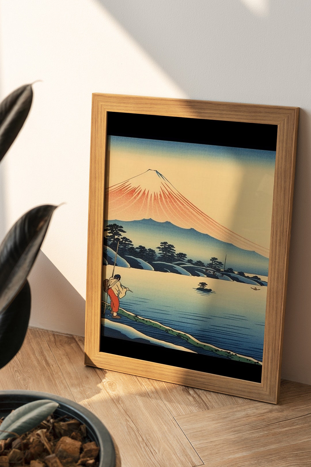 Japanese Woodblock Print | Fisherman on the Shore, Mt. Fuji | Style of ...