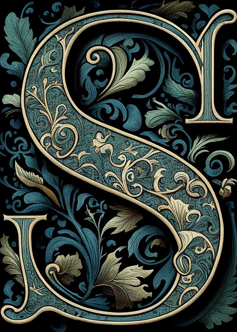Illuminated Manuscript Letter S Initial With Classic Flourish Floral ...