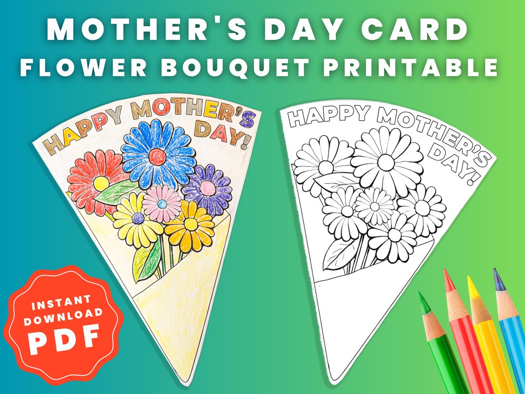 Mothers Day Coloring Card, Mothers Day Card Printable, Flower Bouquet ...
