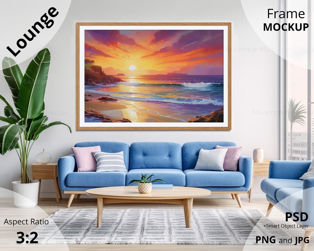 Living Room 3x2 Frame Mockup, Blue Interior Design, Modern Blue Couch ...