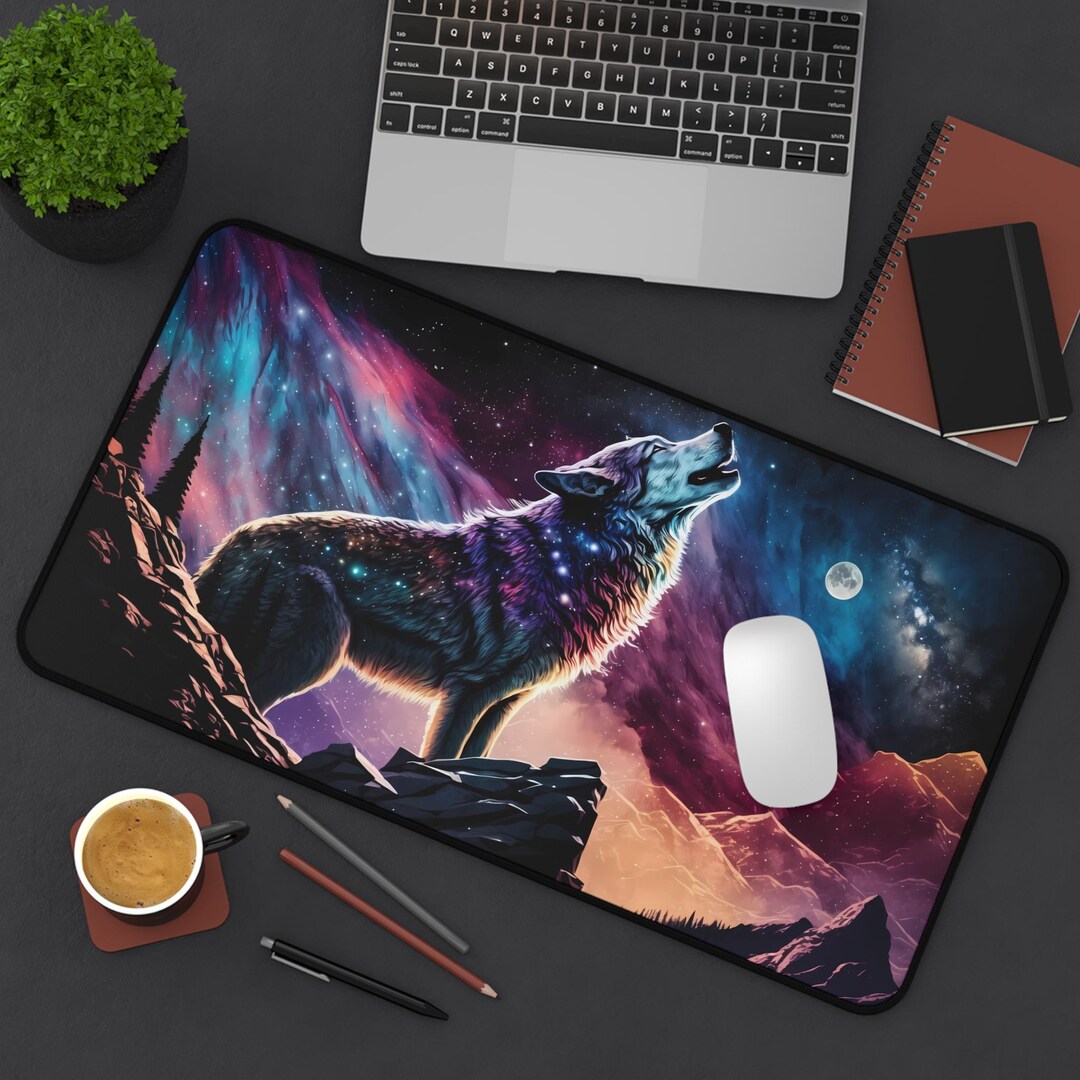 Cosmic Wolf Gaming Desk Mat, Mystical Galaxy Wolf Mouse Pad, Celestial ...