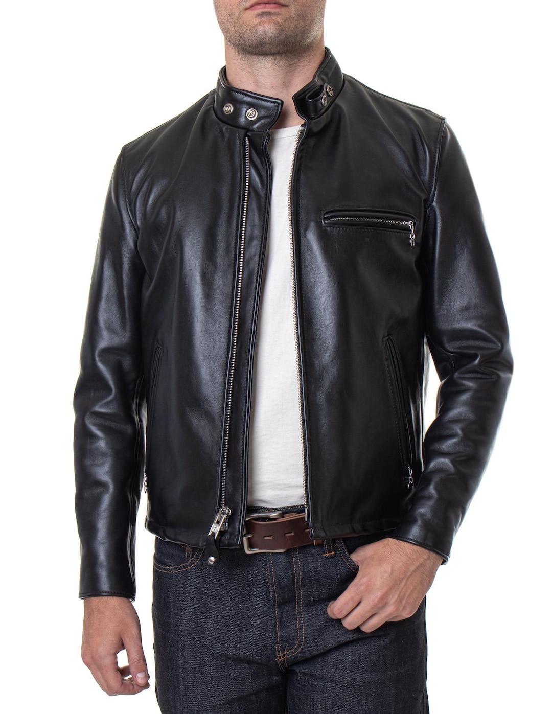 Horsehide Leather Cafe Racer Motorcycle Jacket - Classic Black Biker ...