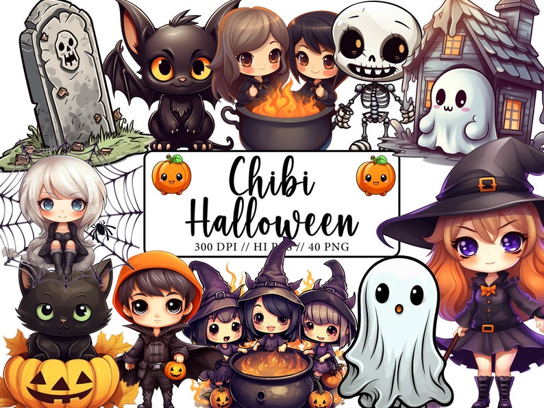 Chibi Halloween Clipart Cute Cartoon PNG Halloween Cute Spooky Trick-or ...