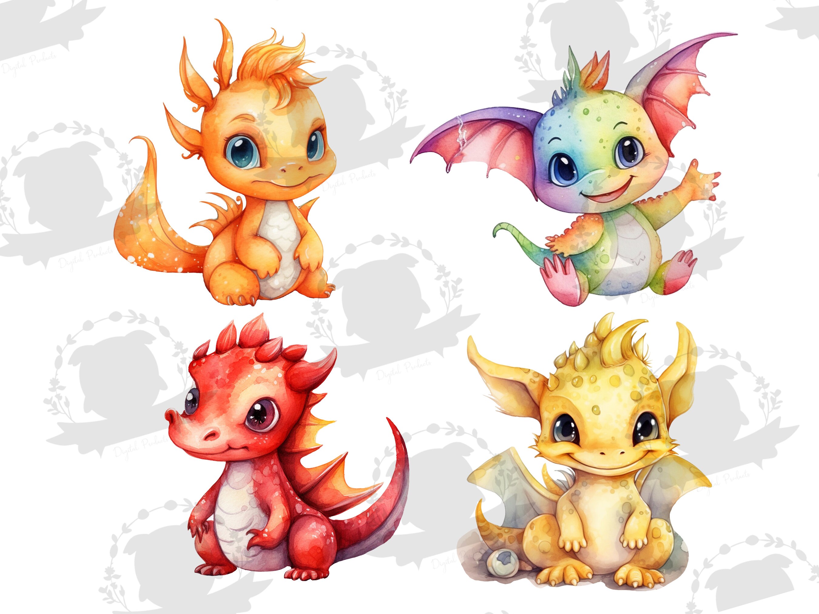 Watercolor Baby Dragons Clipart Cute Dragon Watercolor Clipart Fantasy ...