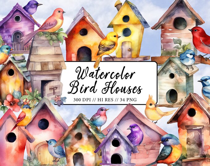 Birdhouse Clip Art Set 10 High Res Watercolor Jpgs for Junk Journaling ...