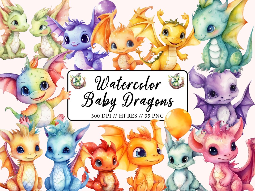 Watercolor Baby Dragons Clipart Cute Dragon Watercolor Clipart Fantasy ...