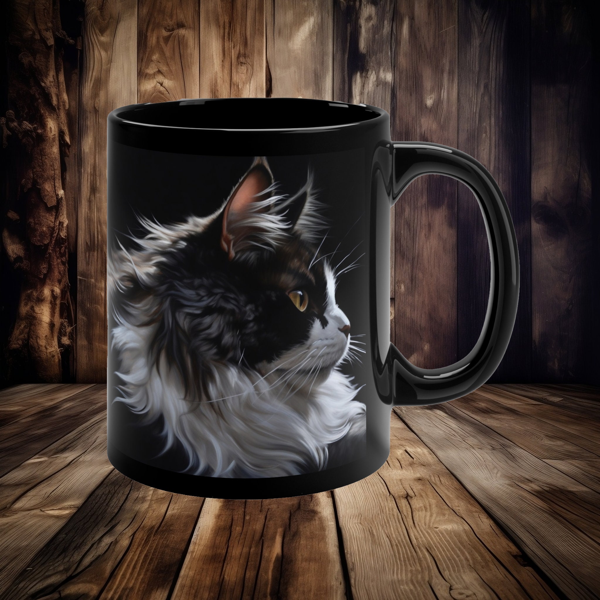 Black and White Cat Mug Black and White Fluffy Cat Ceramic Cup 11oz ...