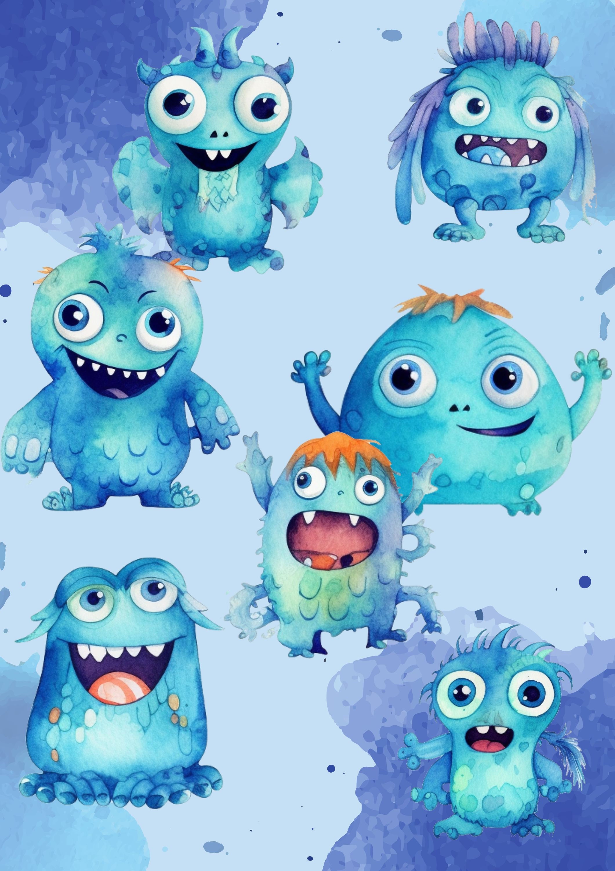 Lovely Monsters Watercolor Clip Art, Cute Characters, Happy, Creatures ...
