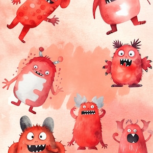 Lovely Monsters Watercolor Clip Art, Cute Characters, Happy, Creatures ...