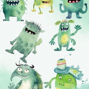 Lovely Monsters Watercolor Clip Art, Cute Characters, Happy, Creatures ...