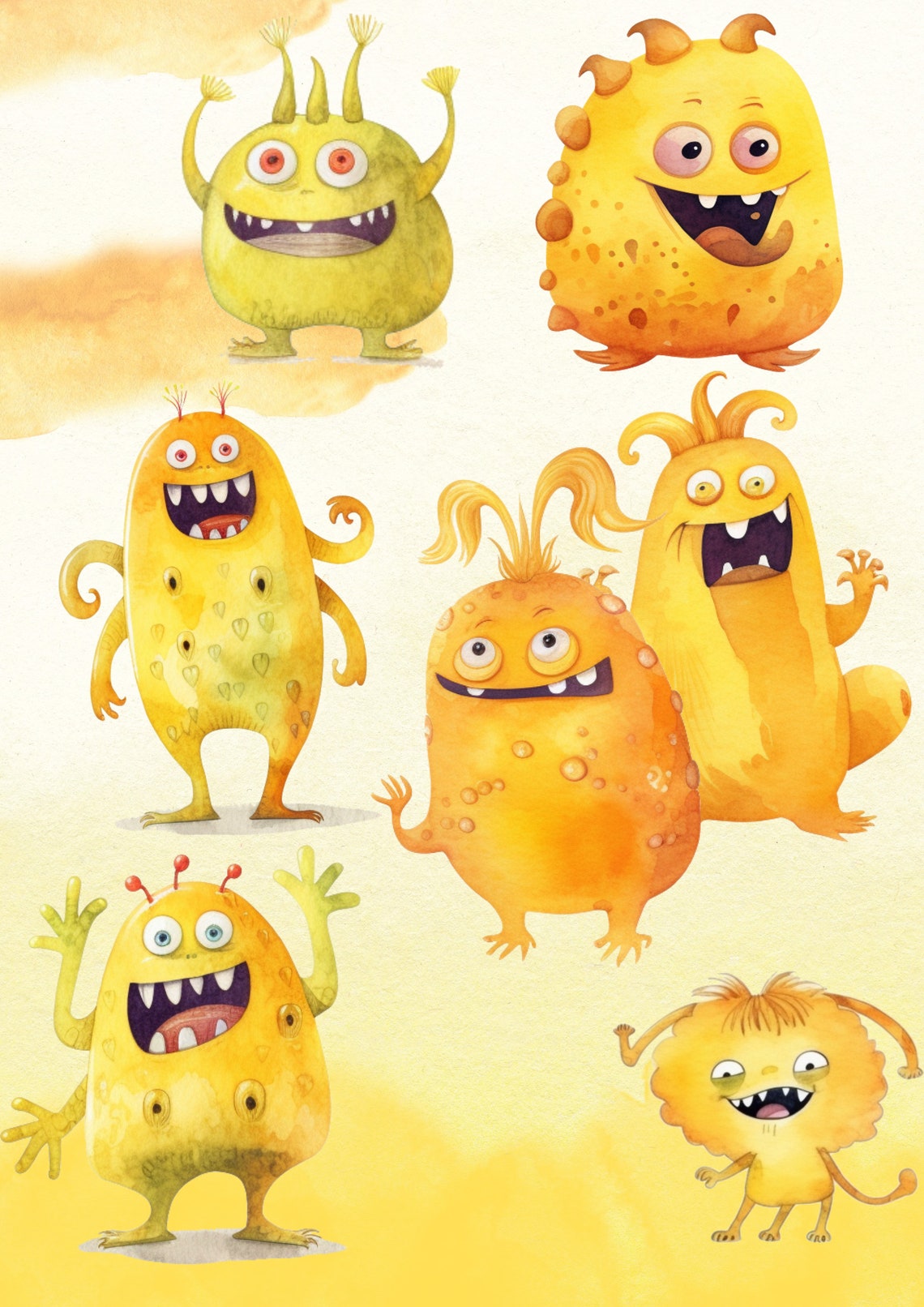 Lovely Monsters Watercolor Clip Art, Cute Characters, Happy, Creatures ...