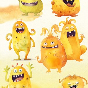 Lovely Monsters Watercolor Clip Art, Cute Characters, Happy, Creatures ...