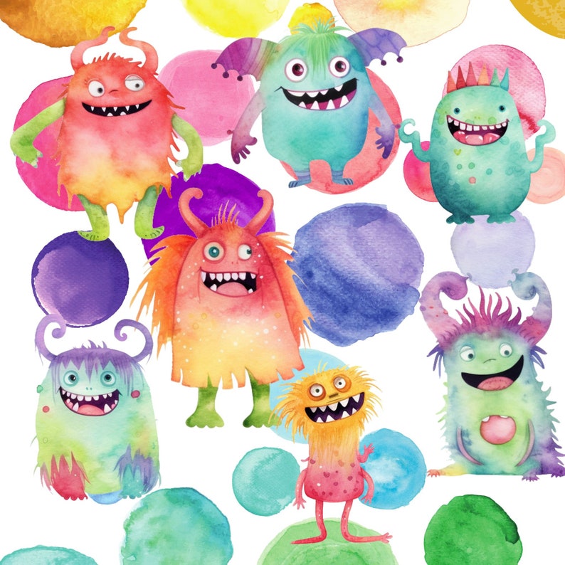 Lovely Monsters Watercolor Clip Art, Cute Characters, Happy, Creatures ...