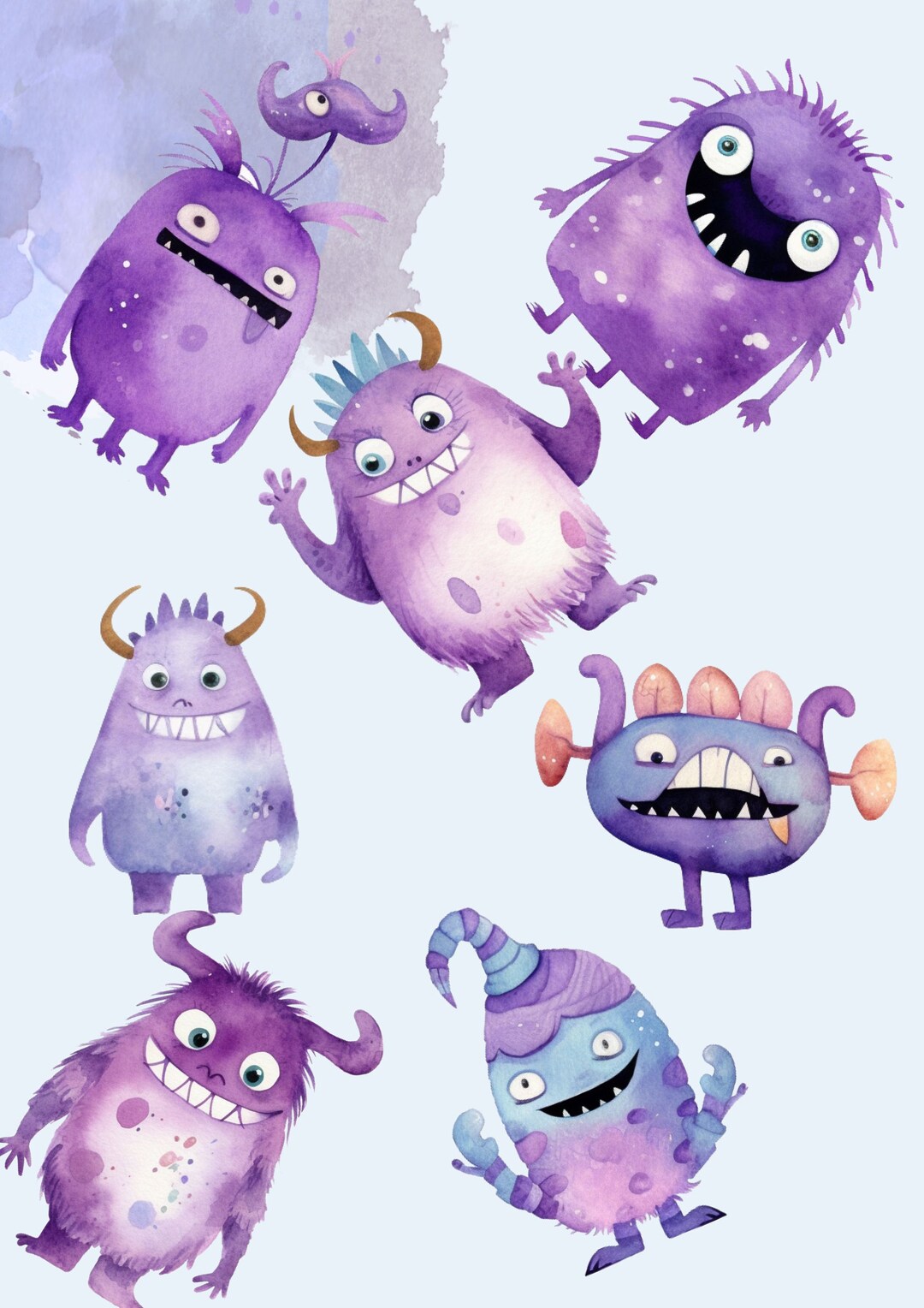 Lovely Monsters Watercolor Clip Art, Cute Characters, Happy, Creatures ...