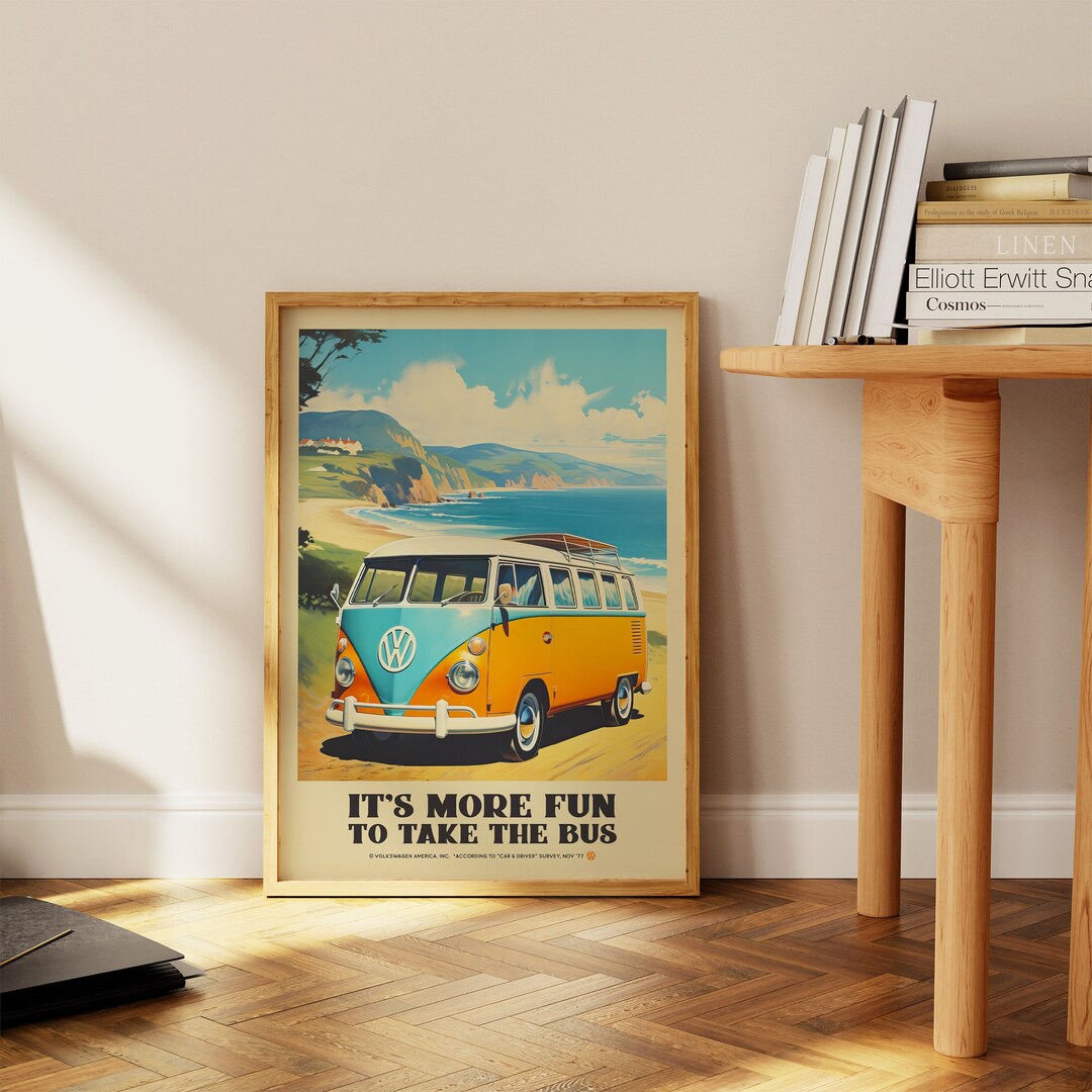 Vintage VW Bus Poster, Retro Car Art, Volkswagen Art Print, VW Van Ad ...