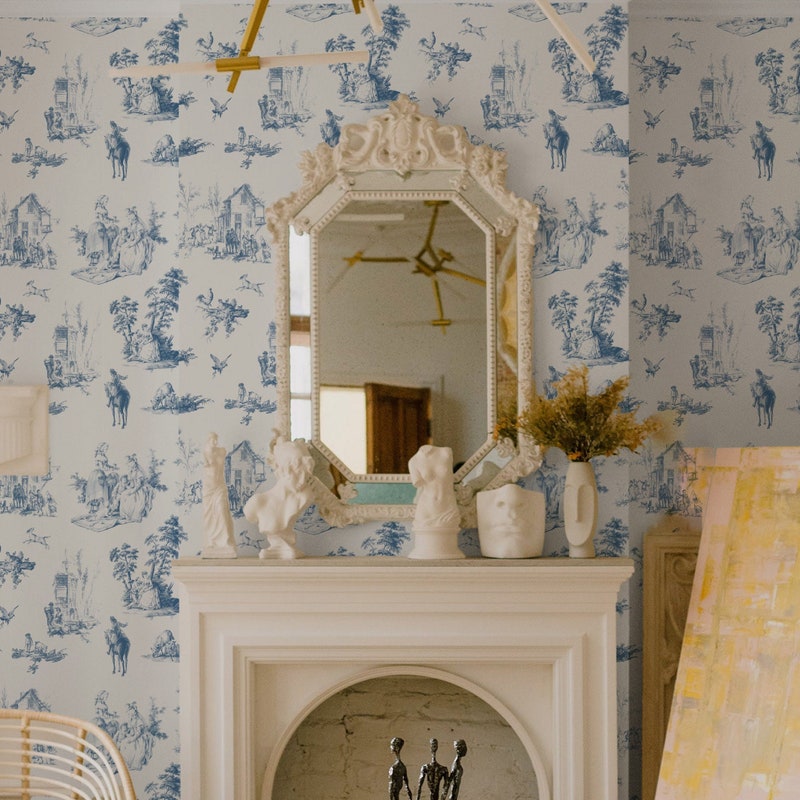 Blue Toile Wallpaper - Etsy