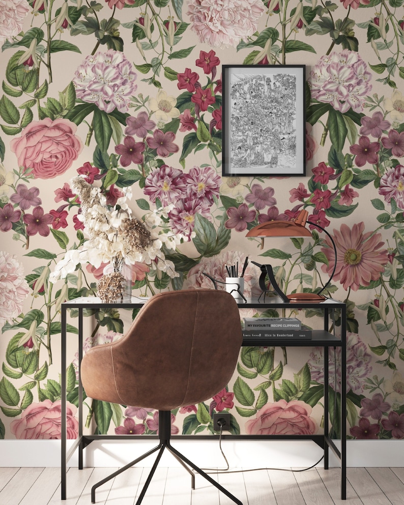 Large Wildflowers Removable Wallpaper, Peony Flowers Watercolour Peel ...