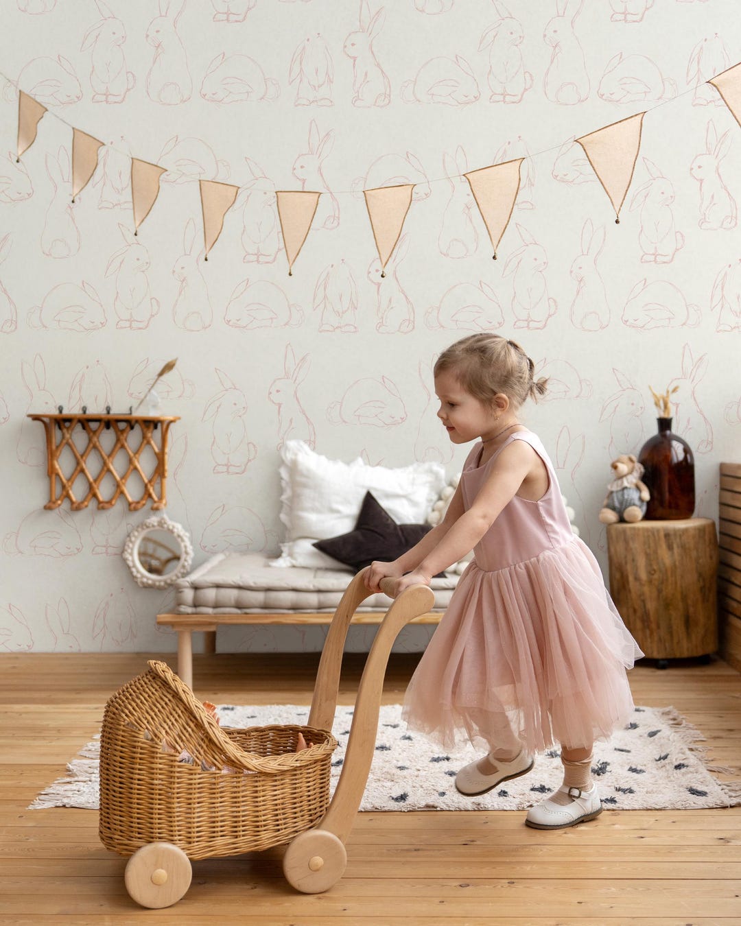 Whiskers and Wabbits Removable Wallpaper, Cute Pink Bunny Peel & Stick ...