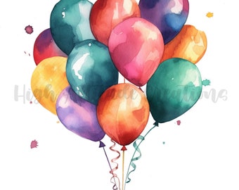 Watercolor Birthday Theme Clipart Balloon Cake Presents 20 Printable ...