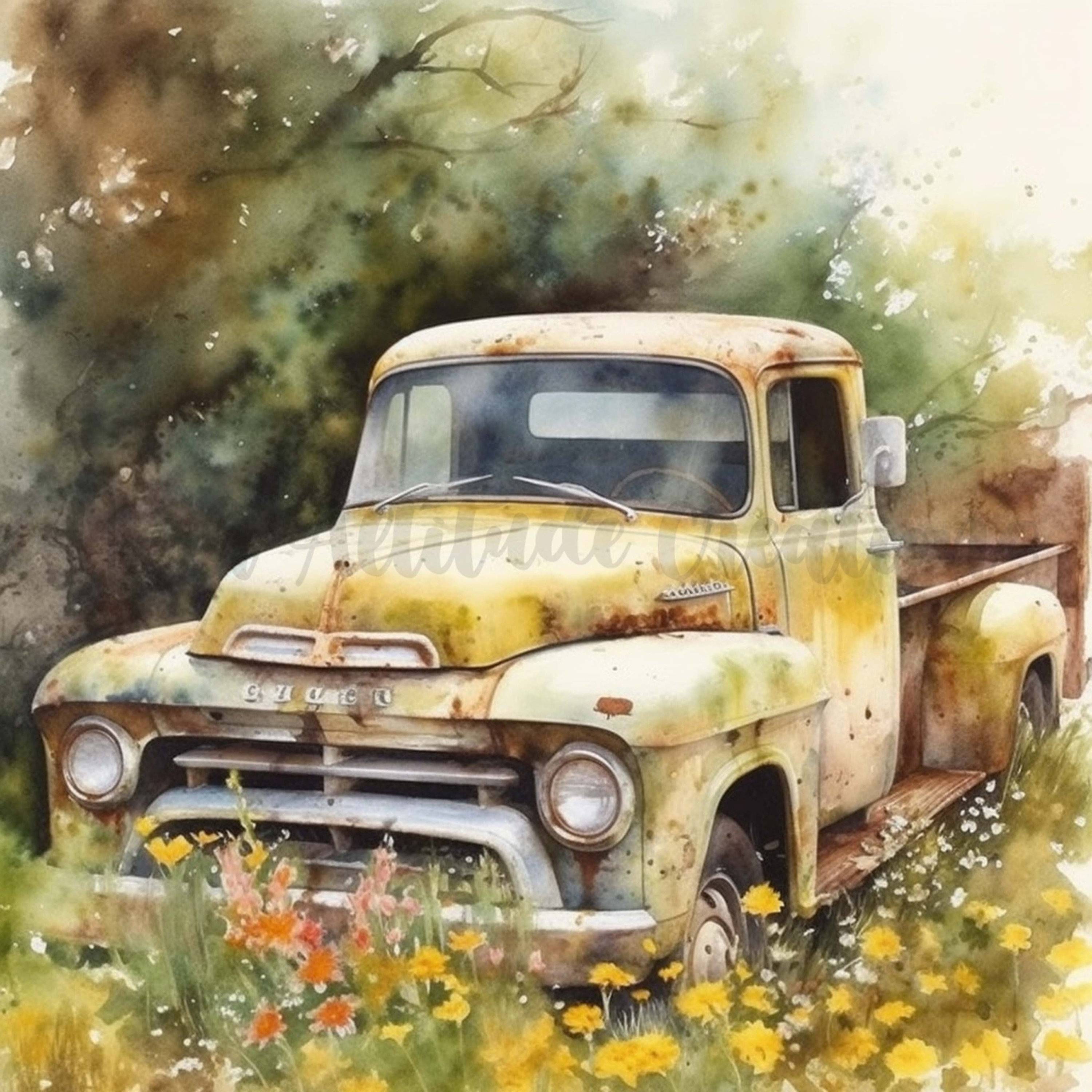 Rustic Truck & Flowers Art Print: Vintage Farm Truck Clipart (digital ...