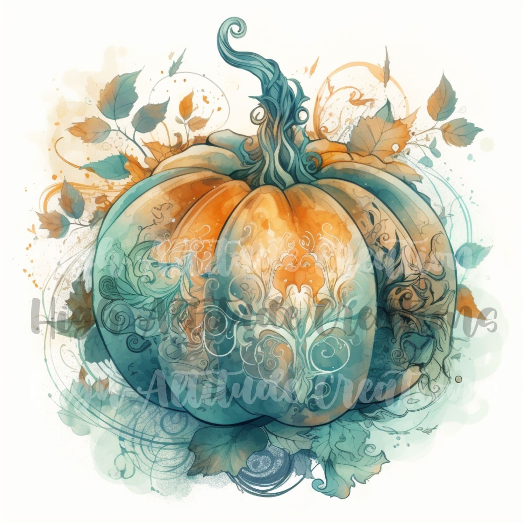 Teal and Orange Pumpkin Clip Art: Fall Foliage Designs (digital ...