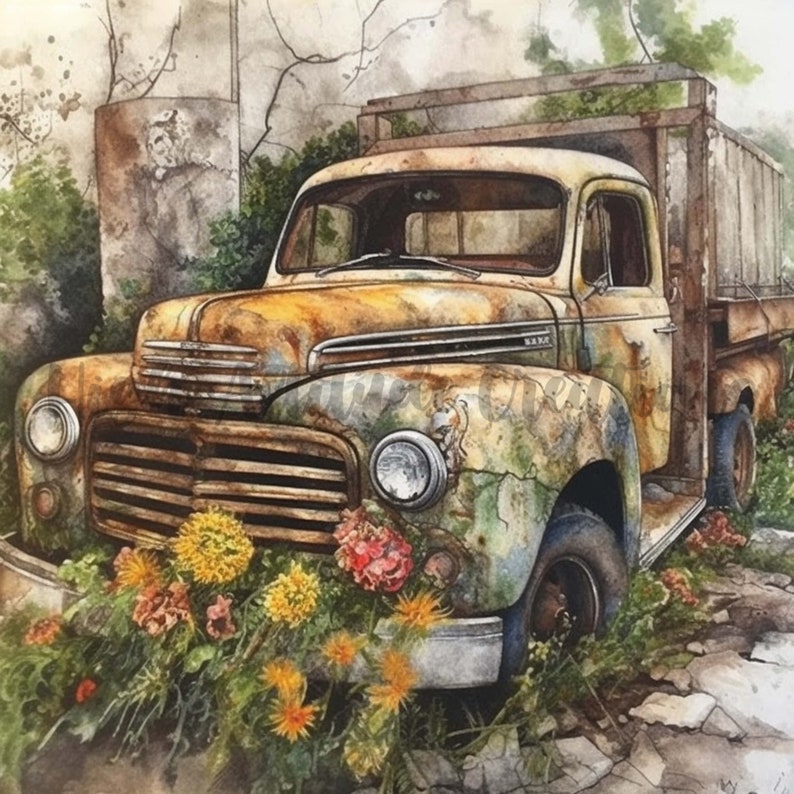 Rustic Truck & Flowers Art Print: Vintage Farm Truck Clipart (digital ...