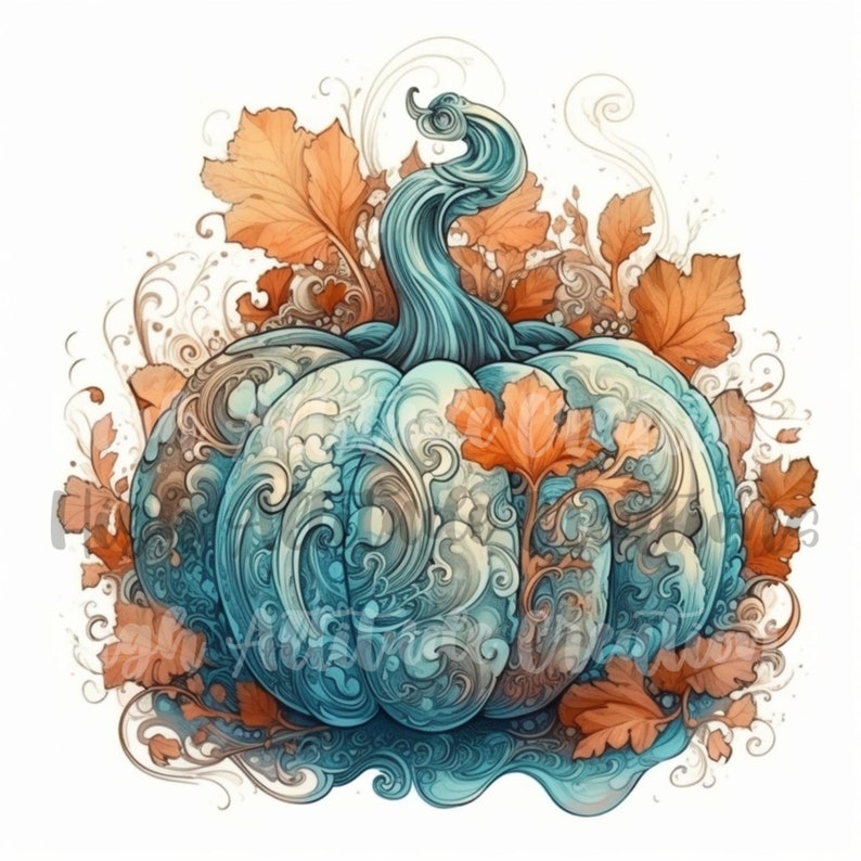 Teal and Orange Pumpkin Clip Art: Fall Foliage Designs (digital ...