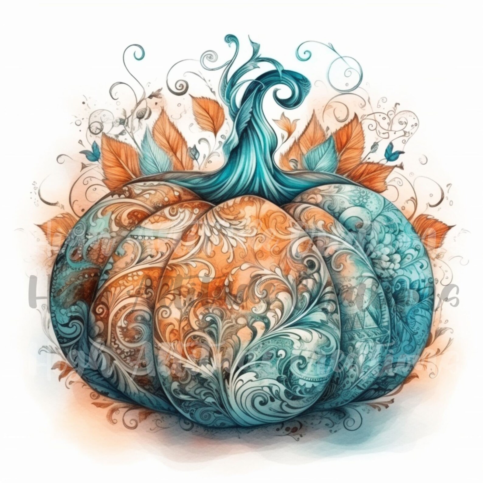 Teal and Orange Pumpkin Clip Art: Fall Foliage Designs (digital ...
