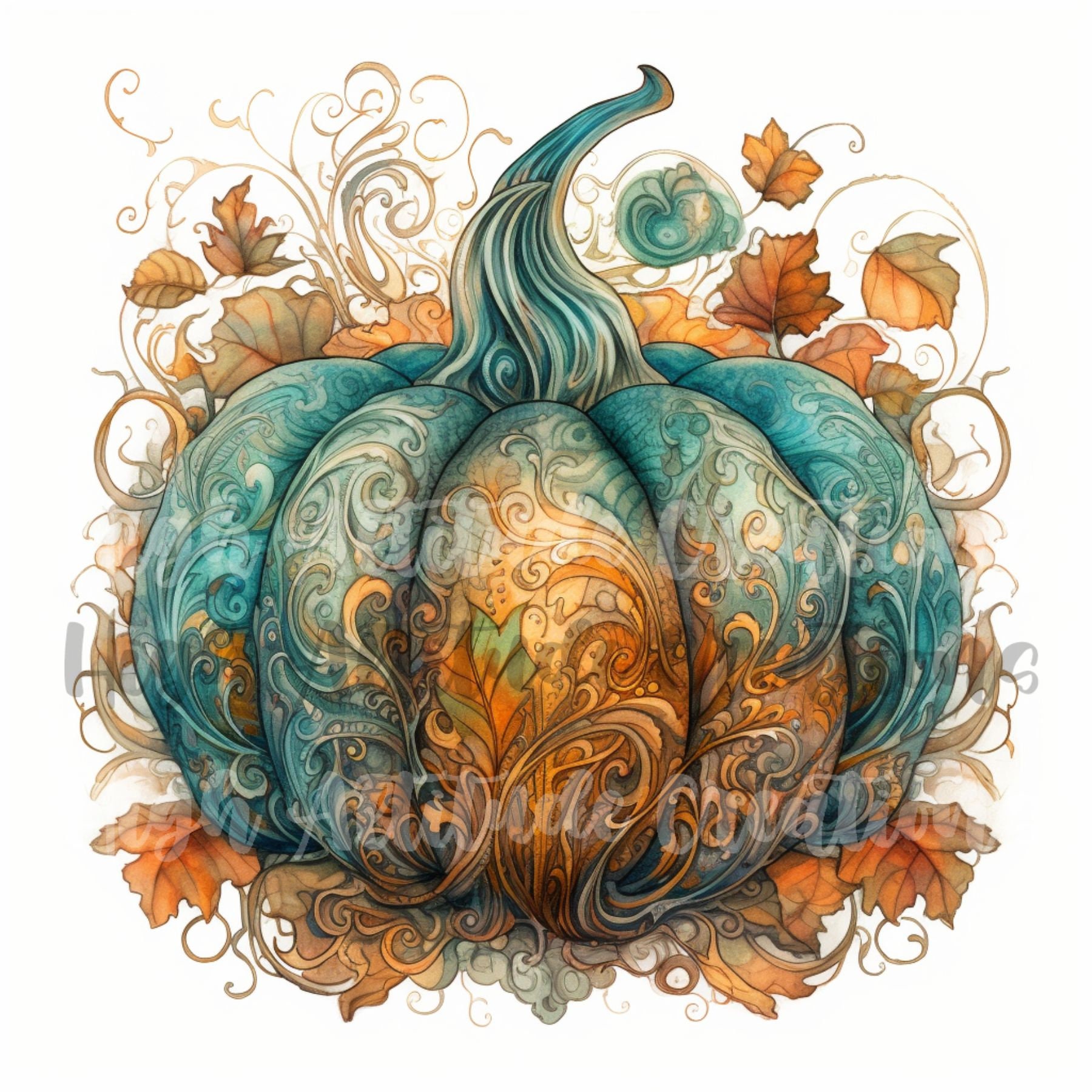 Teal and Orange Pumpkin Clip Art: Fall Foliage Designs (digital ...
