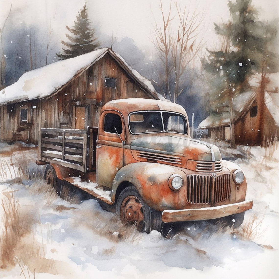 Winter Truck Watercolor Clipart: Rustic Vintage Truck Art (digital ...