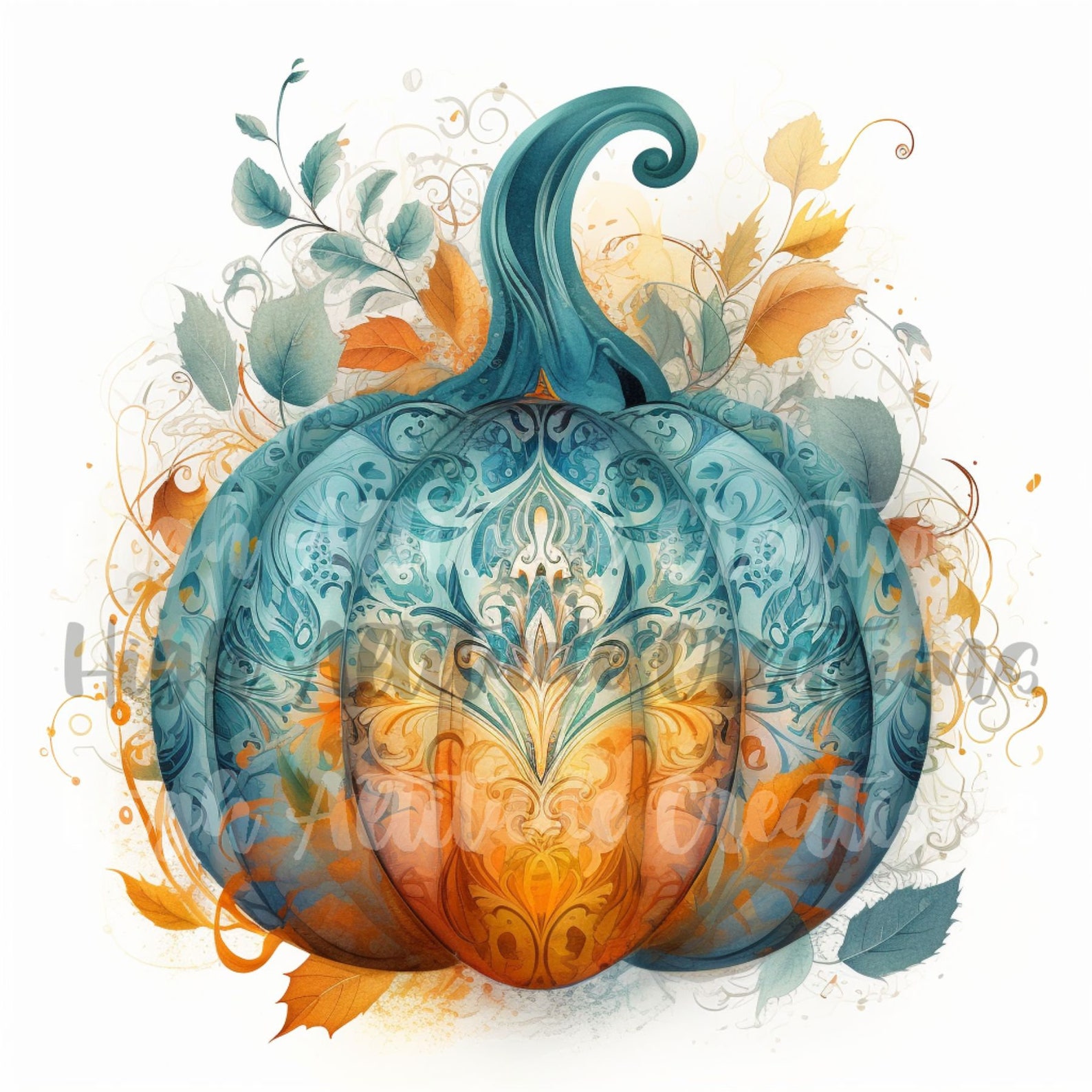 Teal and Orange Pumpkin Clip Art: Fall Foliage Designs (digital ...