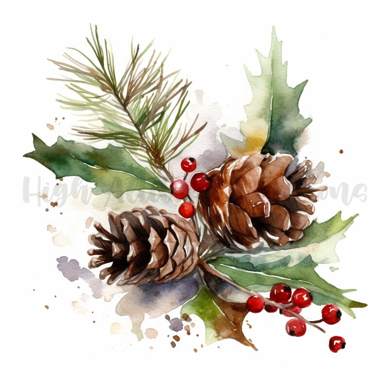 Watercolor Christmas Holly Clipart: Festive Holiday Art (digital ...