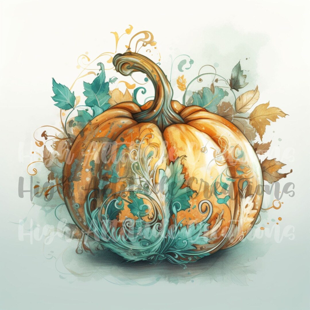 Teal and Orange Pumpkin Clip Art: Fall Foliage Designs (digital ...