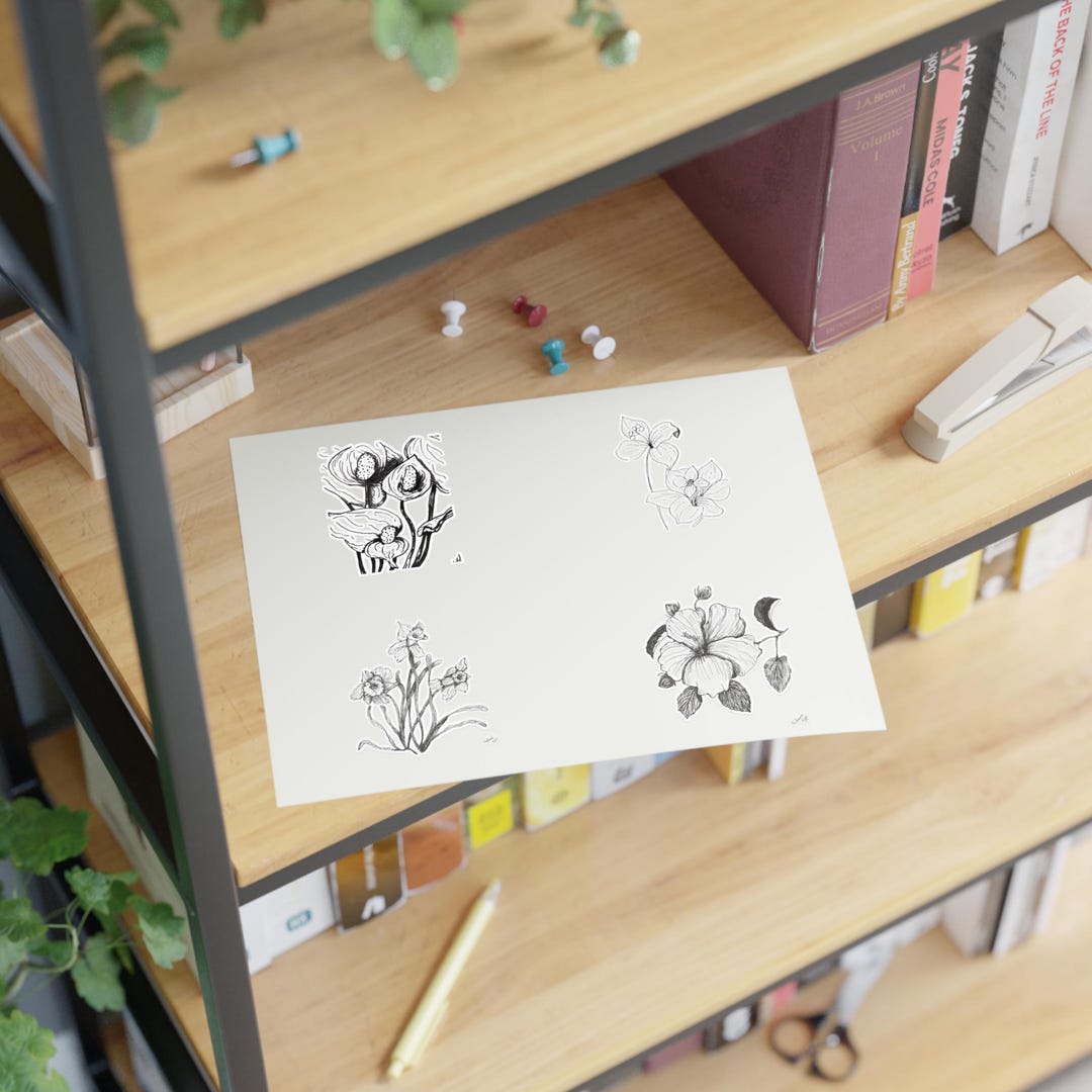 Botanical Art Sticker Sheets, Hand-drawn Garden Flower Line Drawings - Etsy