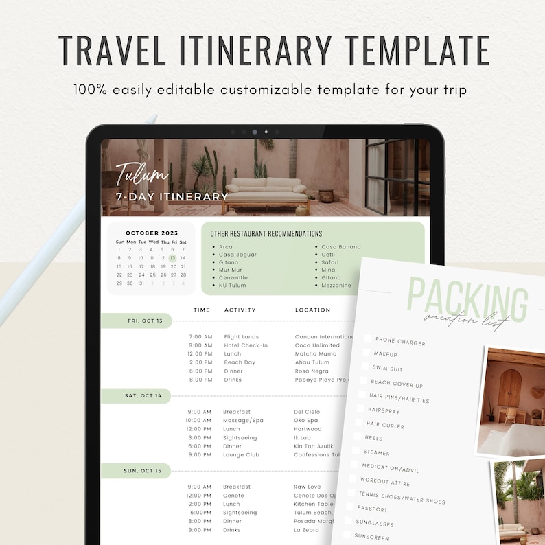Custom Travel Itinerary Template - Modern, Minimal Digital Vacation ...