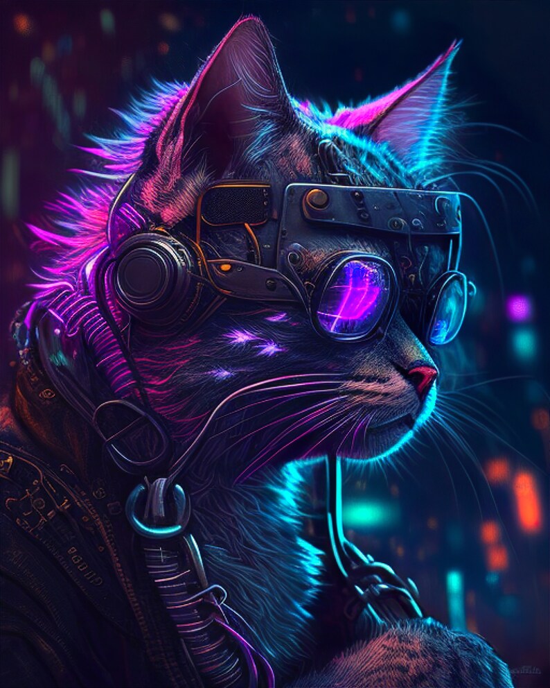 Electro-feline: 5x Printable Cyberpunk Cat Poster A Dazzling Encounter ...
