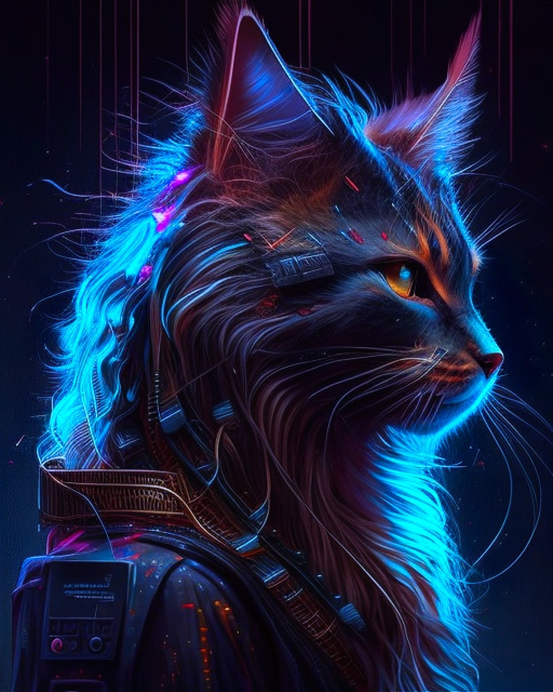 Electro-feline: 5x Printable Cyberpunk Cat Poster A Dazzling Encounter ...