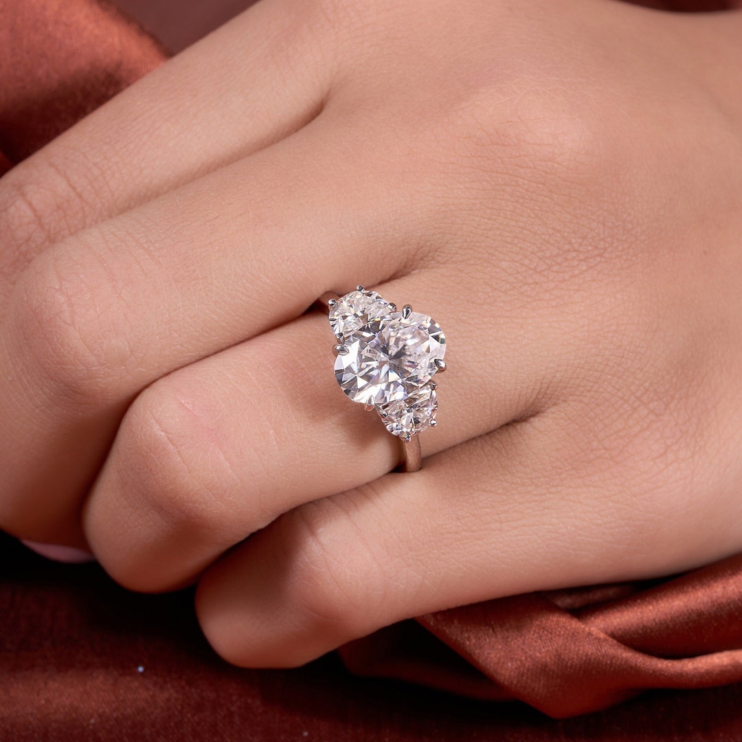 5.25 Ct Oval and Half Moon Cut Moissanite Engagement Ring, Oval Cut ...