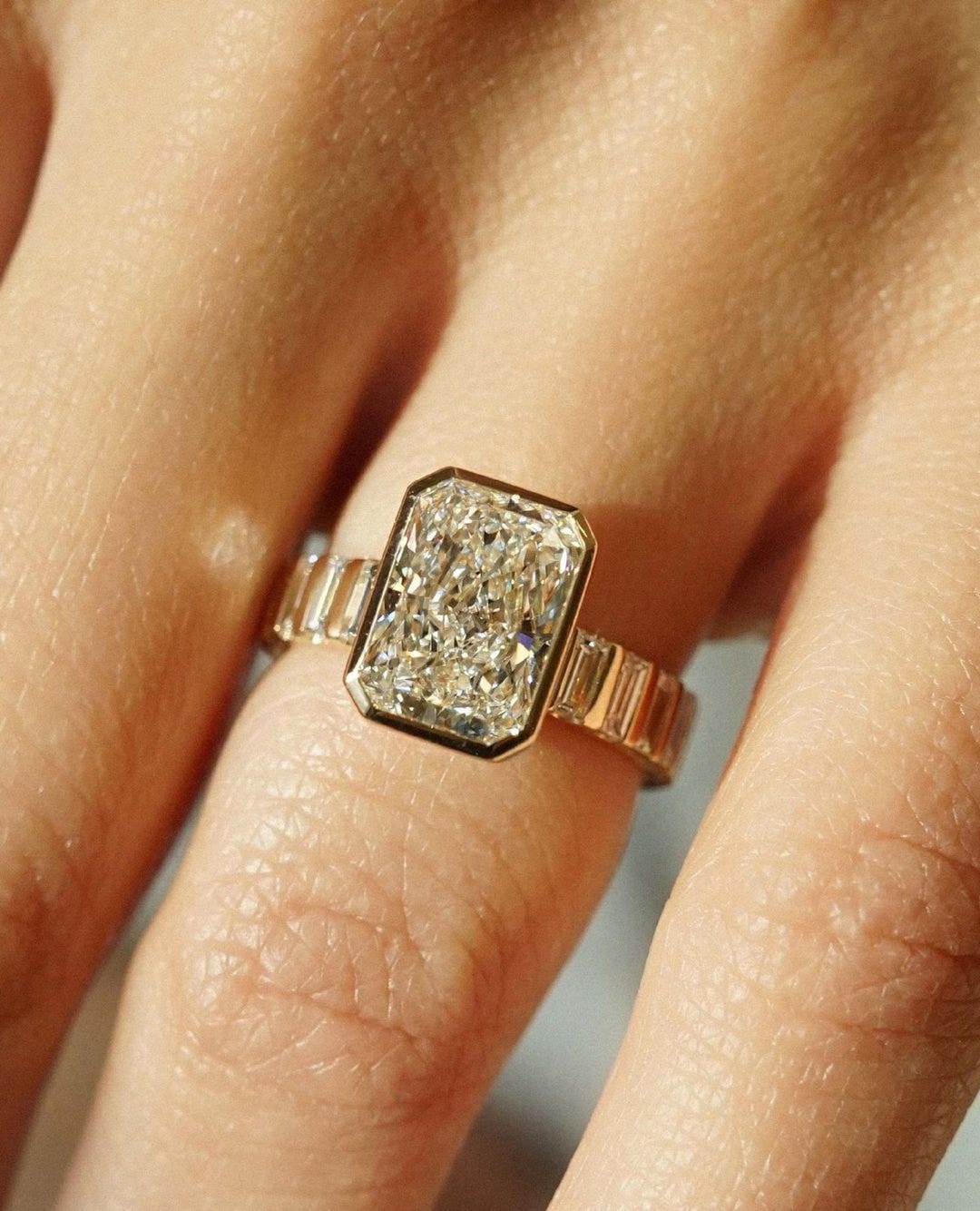 Bezel Set 3.34 Ct Radiant Cut Moissanite Engagement Ring, Crushed Ice ...