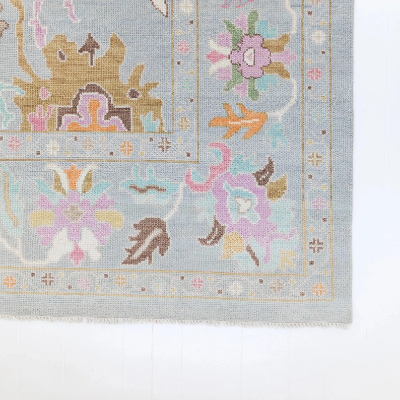 Pastel Sky Blue Floral Rug With Color Pop | Handmade Contemporary ...