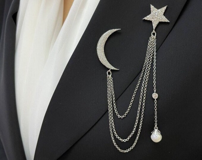 Handmade Pearl Detailed Crescent and Star Brooch With Real Zirconia ...