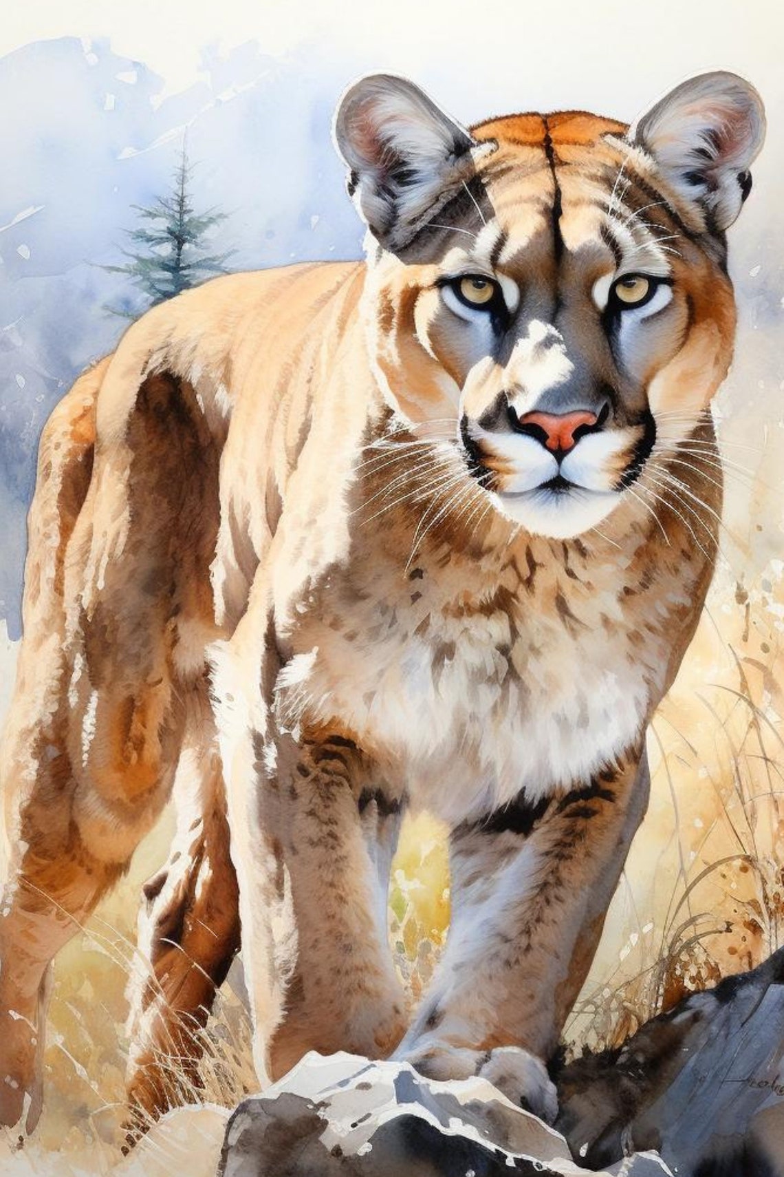 Mountain Lion Art Print - Watercolor Wildlife Wall Art, Nature Inspired ...