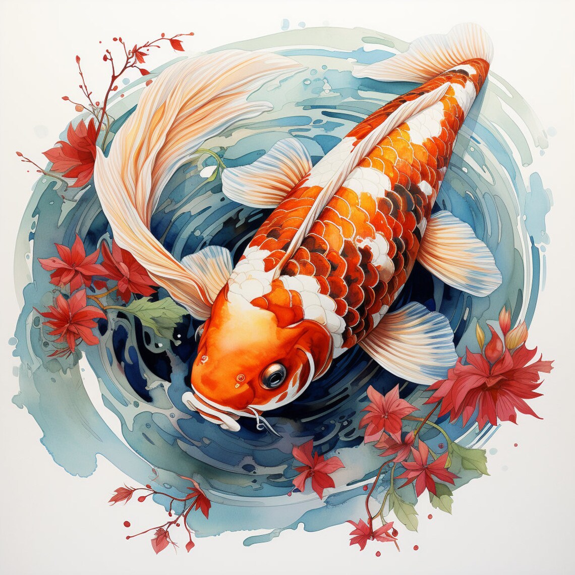 Exquisite Watercolor Koi Fish Clip Art - Digital Download, Vibrant Hand ...