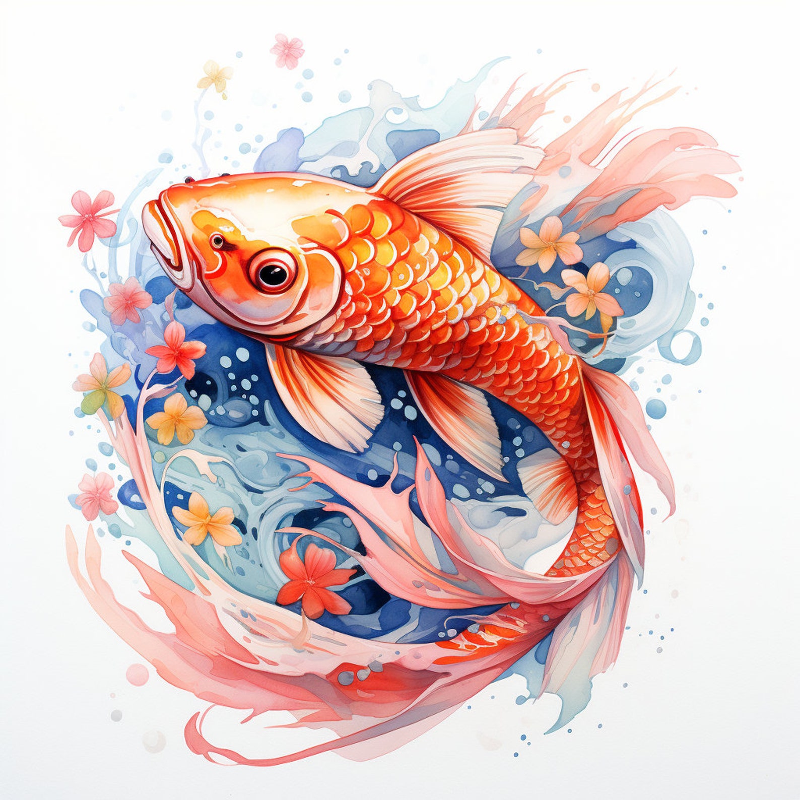 Exquisite Watercolor Koi Fish Clip Art - Digital Download, Vibrant Hand ...