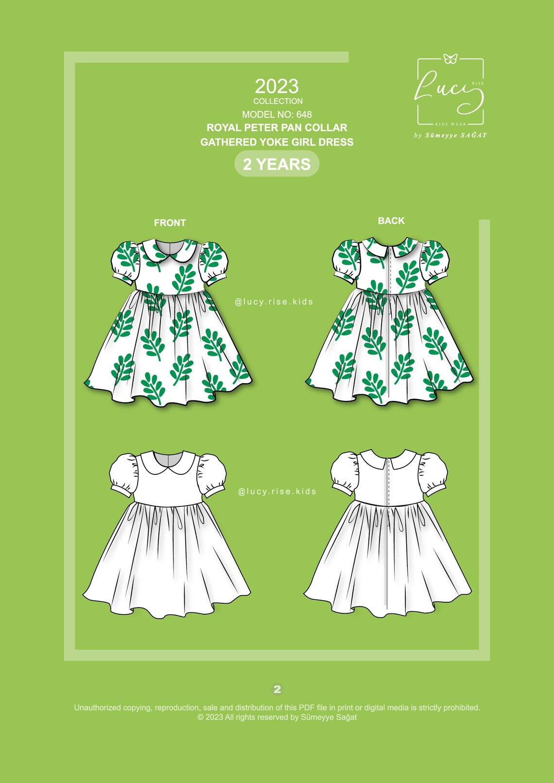 Sewing Pattern PDF Royal Peter Pan Collar Gathered Yoke Girl Dress 2 ...