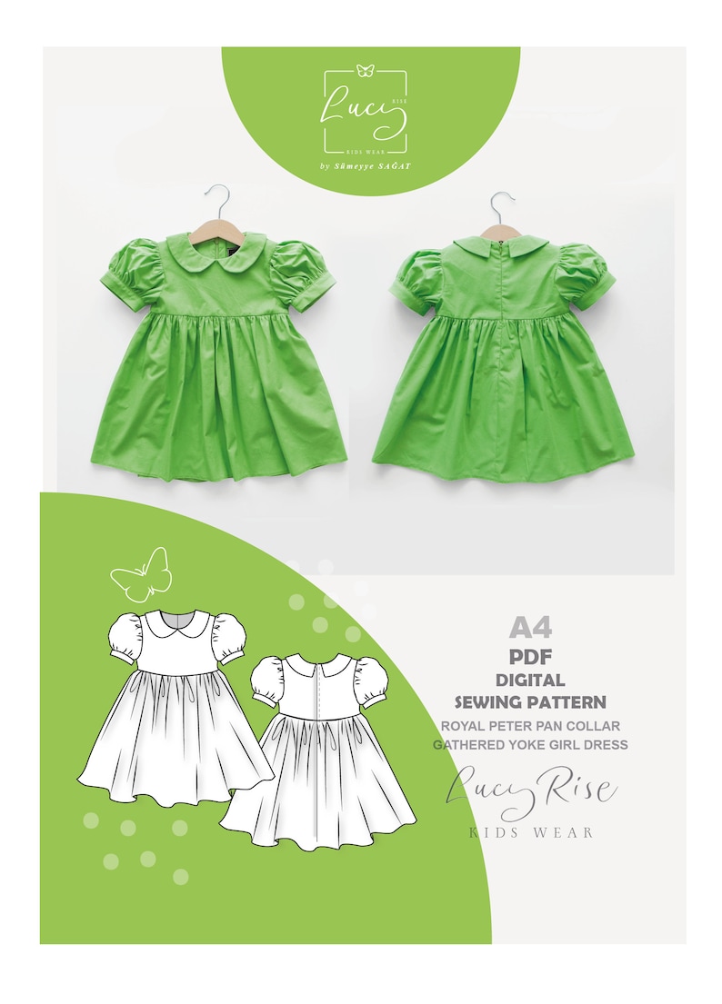 Sewing Pattern PDF Royal Peter Pan Collar Gathered Yoke Girl Dress 2 ...