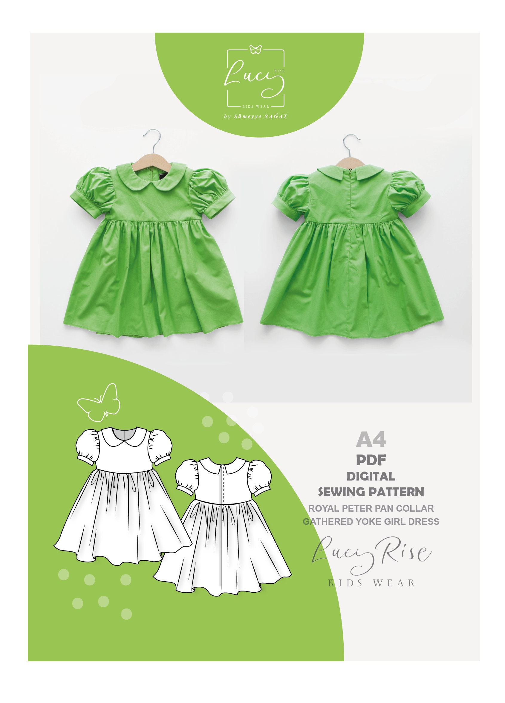 Sewing Pattern PDF Royal Peter Pan Collar Gathered Yoke Girl Dress 2 ...