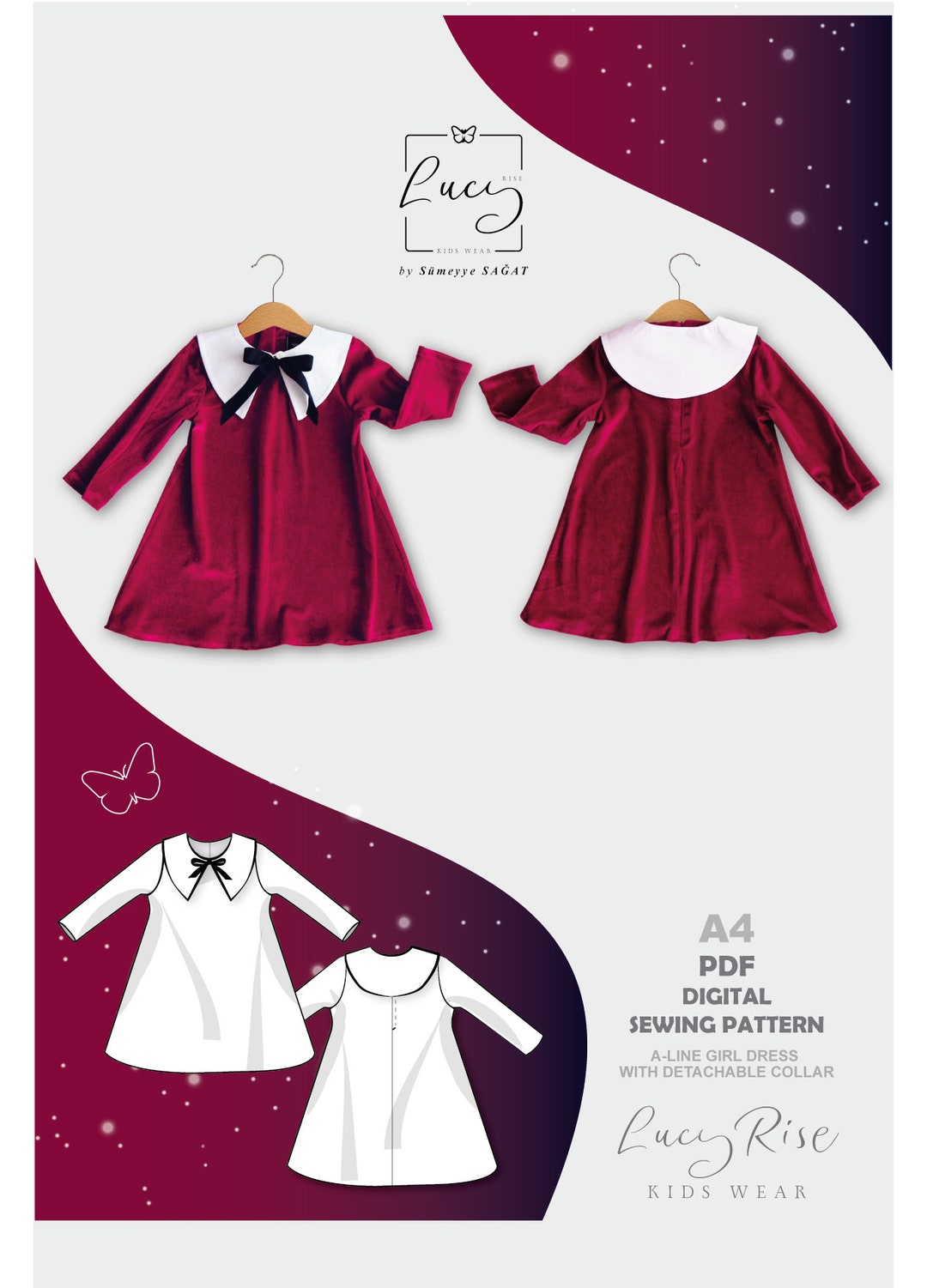 Sewing Pattern PDF - 1 YEAR A-line Girl Dress With Detachable Large ...