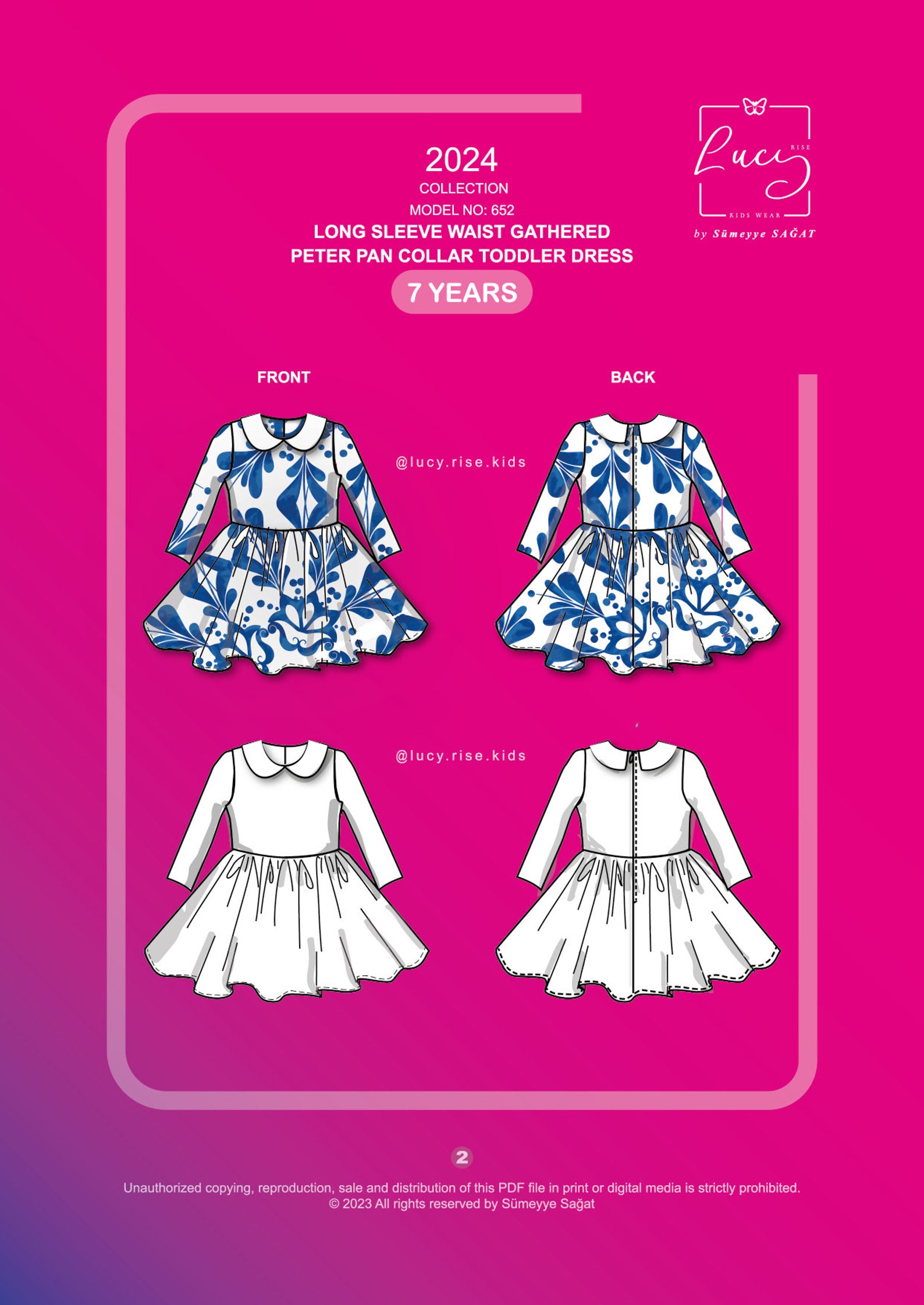Girl Dress Pattern - 7 YEARS Peter Pan Collar TODDLER Long Sleeve Waist ...